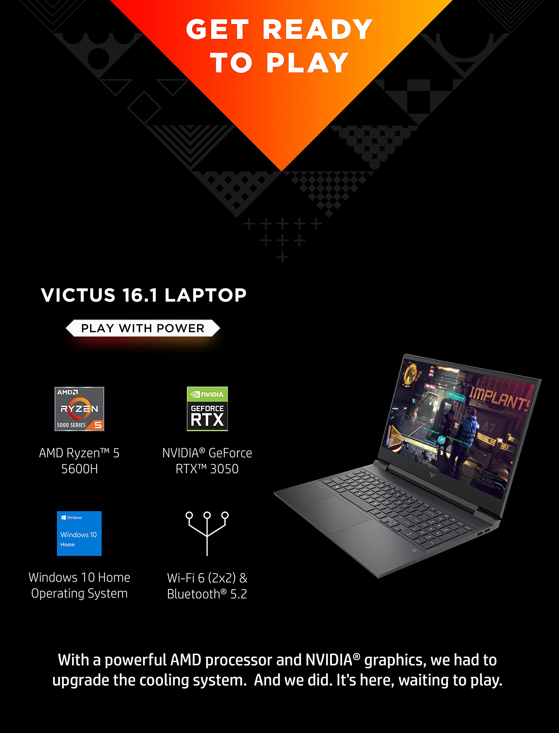 Victus 16 Laptop, NVIDIA GeForce RTX 3050, AMD Ryzen 5 5600H Processor, 8 GB RAM, 512 GB SSD, 16.1β Full HD IPS Display, Windows 10 Home, Backlit Keyboard, OMEN Gaming Hub (16-e0010nr, 2021)