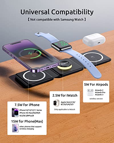 HEYLINSI Wireless Charging Station, Foldable Magnetic Wireless Charging Pad for iPhone 14/13/12 Pro Max/X/XS, 3 in 1 Wireless Travel Charger for AirPods 3/2/Pro Apple Watch