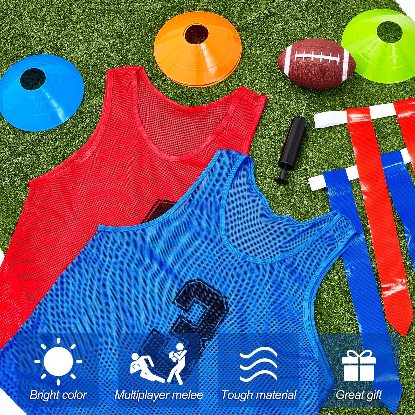 Meooeck 20 Player Flag Football Set Training Equipment Include Flag Football Jersey, Football, Belt, Flag, Cone