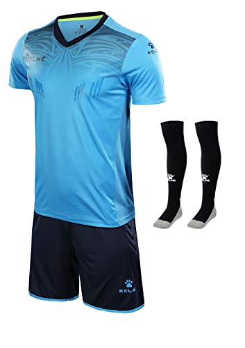 KELME Soccer Goalkeeper Jersey Short Sleeve Uniform Kit - Mens Padded Football Goalie Shirt Shorts Socks Unisex Adult Sizes (Blue, X-Large)