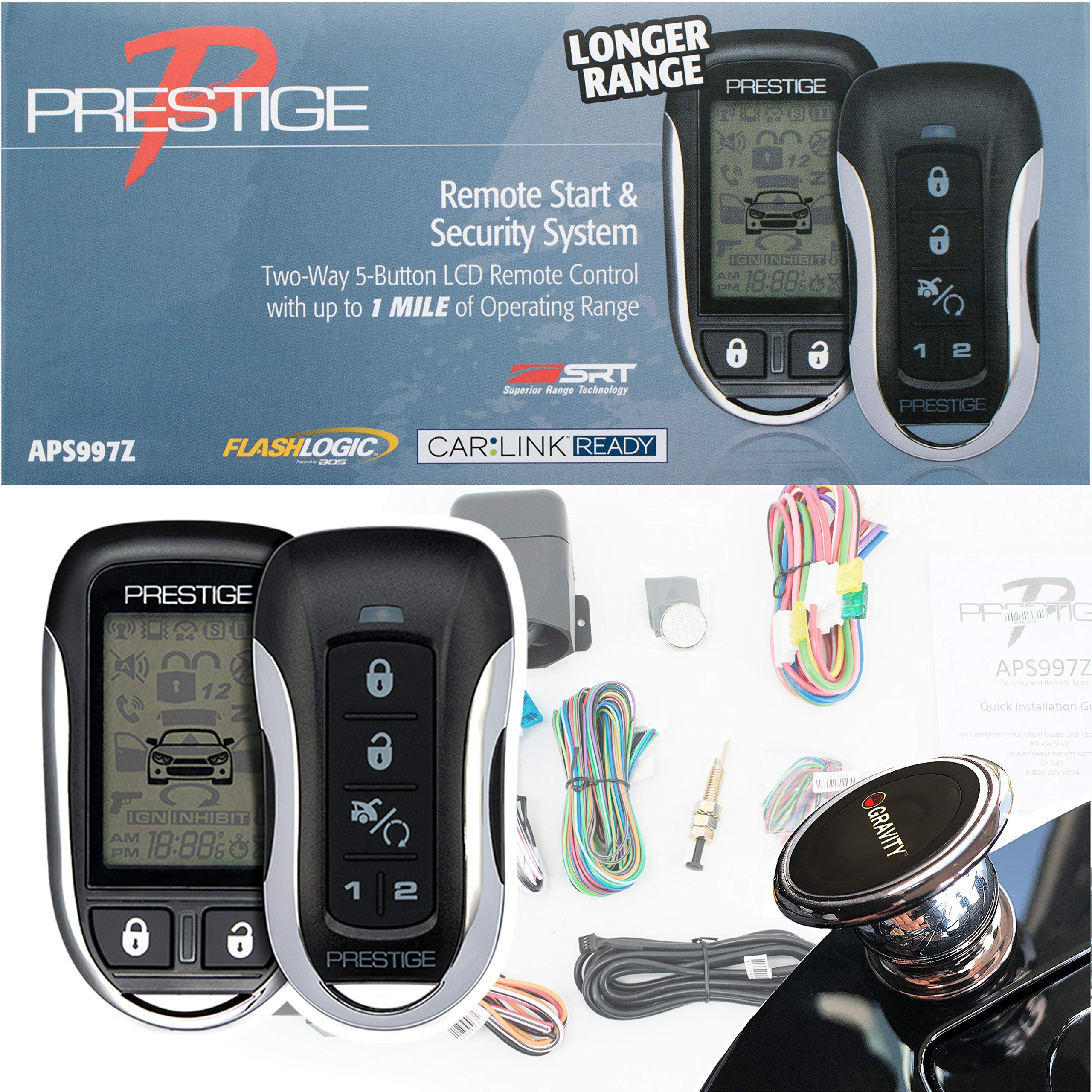Prestige APS997Z Two-Way LCD Command Confirming Remote Start/Keyless Entry and Security System with up to 1 Mile Operating Range + Free Gravity Phone Holder