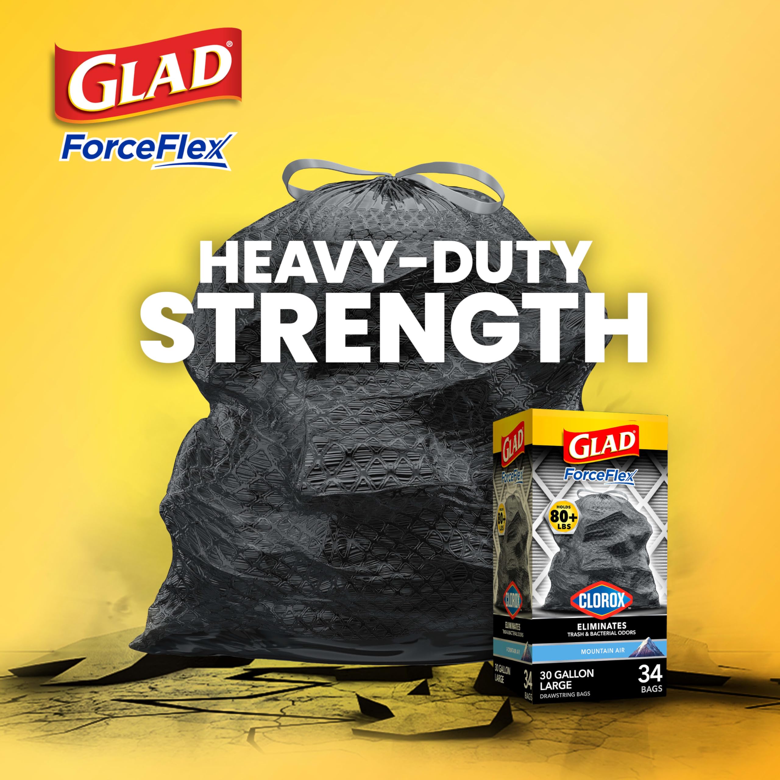 GLAD ForceFlex Large Drawstring Trash Bags, 30 Gallon Black Trash Bags for Large Kitchen Trash Can, Mountain Air Scent to Eliminate Odors, 50 Count (Package May Vary)