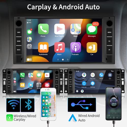 Android Car Stereo for Jeep Wrangler Stereo Chrysler Dodge with Wireless Apple Carplay Bluetooth 7 Inch Touch Screen Jeep Car Radio with WiFi GPS Navigation Mirror Link FM Radio + Backup Camera