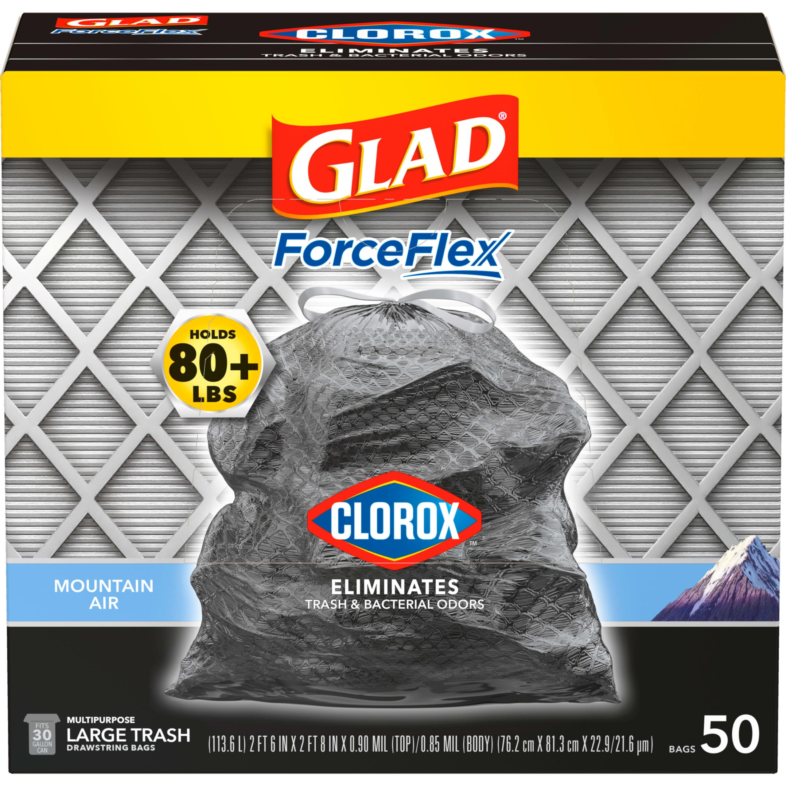 GLAD ForceFlex Large Drawstring Trash Bags, 30 Gallon Black Trash Bags for Large Kitchen Trash Can, Mountain Air Scent to Eliminate Odors, 50 Count (Package May Vary)