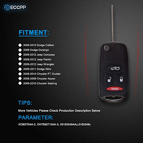 ECCPP Replacement fit for 4 Buttons Uncut Keyless Entry Remote Control Car Key Fob Shell Case 08-12 Cruiser for Jeep for Patriot for Dodge for Caliber Series 5183349c (Pack of 1)