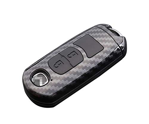 iJDMTOY (1) Carbon Fiber Pattern Smart Key Fob Shell w/ Black Silicone Key Button Skin Compatible With Mazda 2 3 5 6 CX-3 CX-5 CX-7 CX-9 MX-5 (Fit 2 or 3 Button Keys)