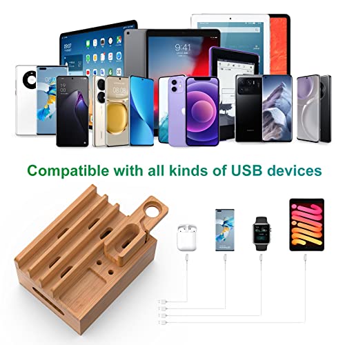 Pezin & Hulin Bamboo Charger Station for Multiple Device (Included 5 Port USB Charger, 6 Pack Charging Cables, Watch & Earbuds Stand), Desktop Electronic Organizer for Cell Phone, Tablet