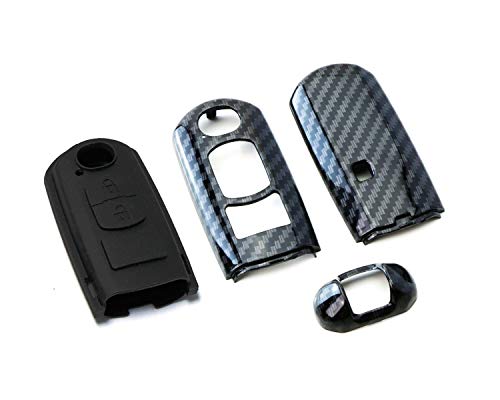 iJDMTOY (1) Carbon Fiber Pattern Smart Key Fob Shell w/ Black Silicone Key Button Skin Compatible With Mazda 2 3 5 6 CX-3 CX-5 CX-7 CX-9 MX-5 (Fit 2 or 3 Button Keys)