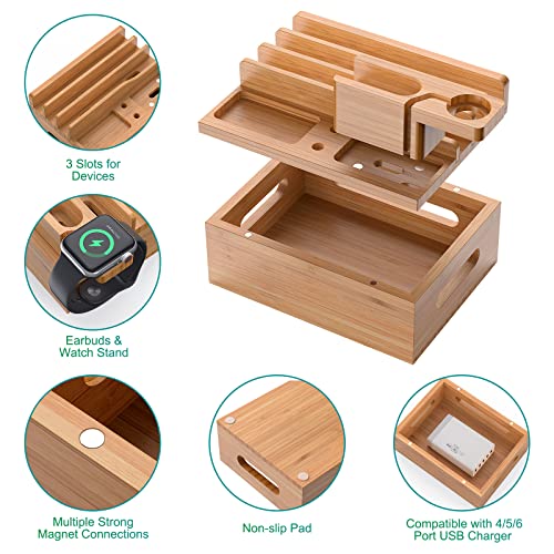 Pezin & Hulin Bamboo Charger Station for Multiple Device (Included 5 Port USB Charger, 6 Pack Charging Cables, Watch & Earbuds Stand), Desktop Electronic Organizer for Cell Phone, Tablet