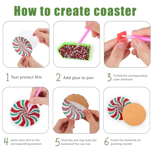 DIYDEC 8pcs Christmas Diamond Candy Paintings Coasters Kits with Holder Diamond Art Coasters Acrylic Diamond Art Paintings Ornament for Adults Kids Xmas Decor DIY Crafts (Red Green White)