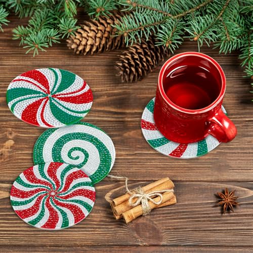 DIYDEC 8pcs Christmas Diamond Candy Paintings Coasters Kits with Holder Diamond Art Coasters Acrylic Diamond Art Paintings Ornament for Adults Kids Xmas Decor DIY Crafts (Red Green White)