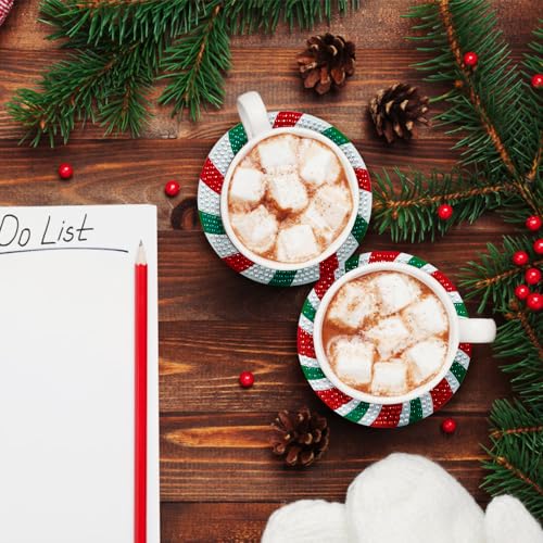 DIYDEC 8pcs Christmas Diamond Candy Paintings Coasters Kits with Holder Diamond Art Coasters Acrylic Diamond Art Paintings Ornament for Adults Kids Xmas Decor DIY Crafts (Red Green White)