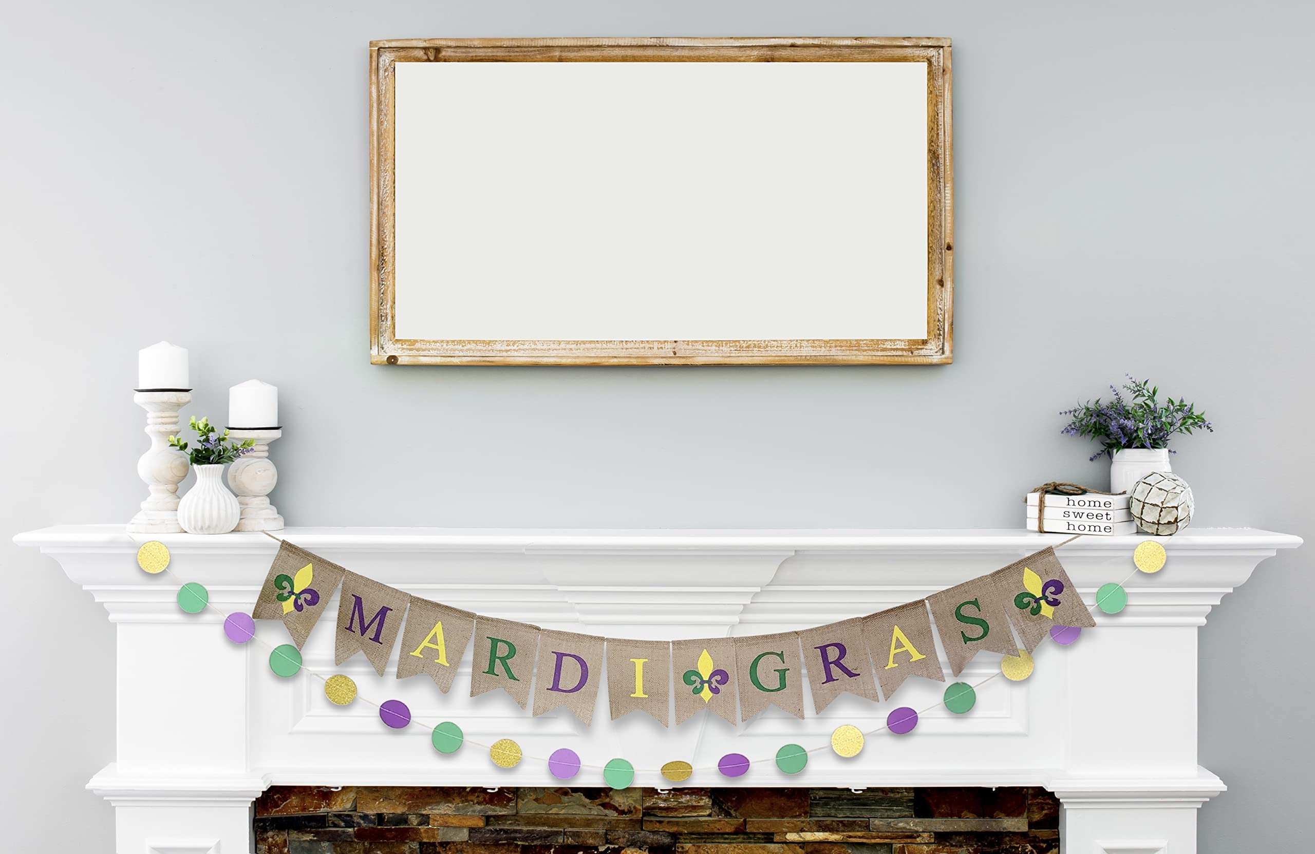 Mardi Gras Garland Burlap Banner - Fleur de Lis Mardi Gras Decorations - Mardi Gras Glitter Circle Dot Garland - Mardi Gras Party Decorations - Ready to Hang Mardi Gras Decor by Jolly Jon