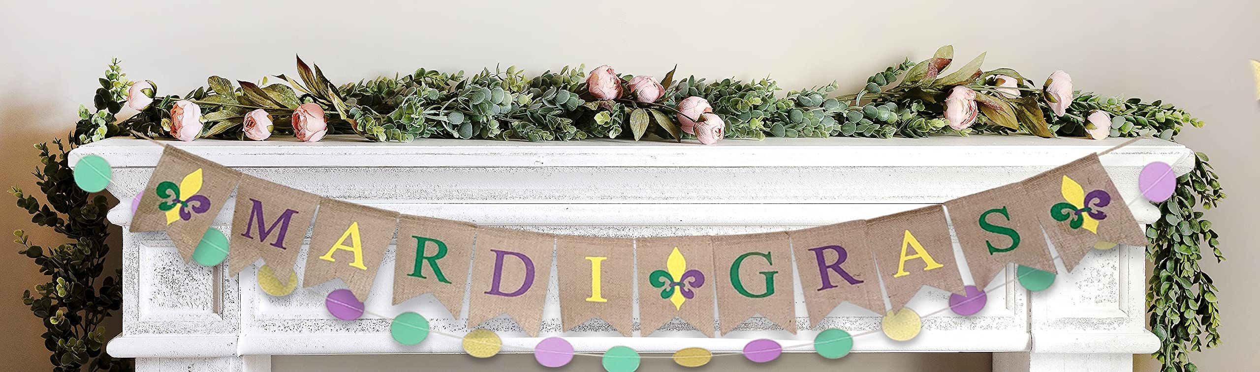 Mardi Gras Garland Burlap Banner - Fleur de Lis Mardi Gras Decorations - Mardi Gras Glitter Circle Dot Garland - Mardi Gras Party Decorations - Ready to Hang Mardi Gras Decor by Jolly Jon
