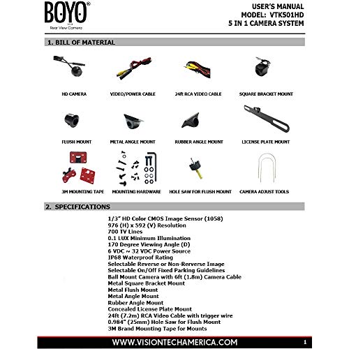 BOYO VISION BOYO VTK501HD - Universal HD Backup Camera with Multiple Mounting Options (6-in-1 Camera System)