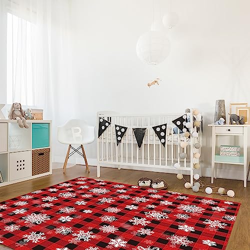 Christmas Snowflake Area Rug, Anti-Slip Rug 2'x3', Stain Proof Rugs for Living Room, Soft Foldable Lightweight Machine Washable Area Rug Comfy Carpet, Merry Xmas Red Black Plaid