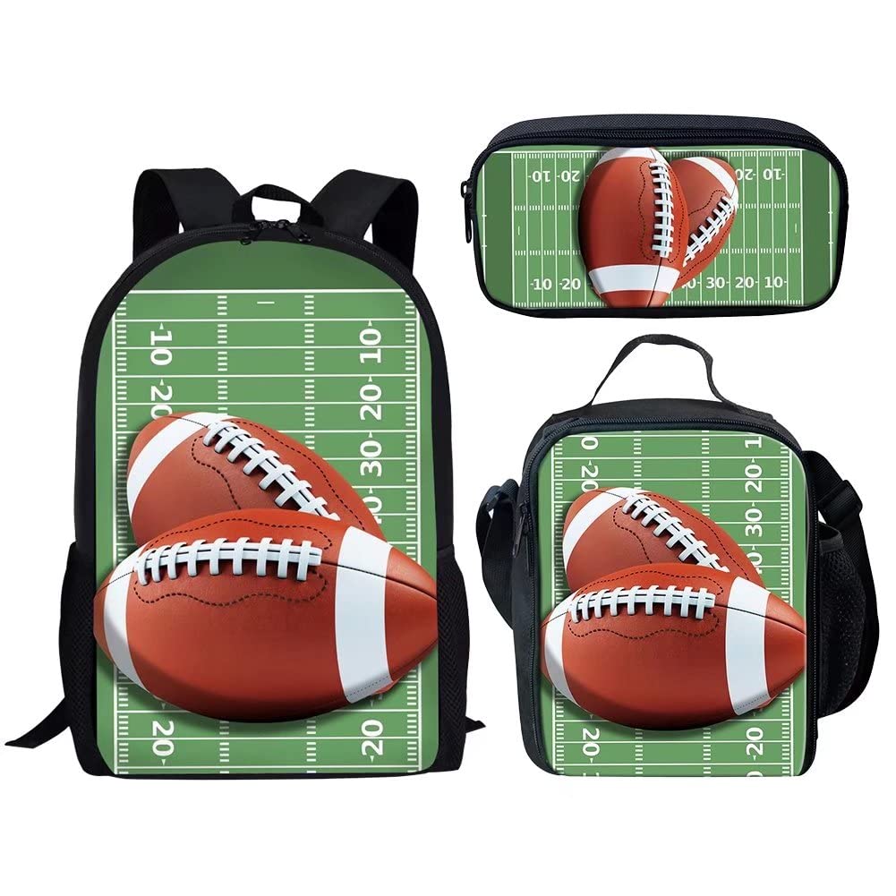 AmzPrint 3pcs American Football Backpack Set For Girls Boys Kids 17 Inch Black Student School Backpack Lunch Box Pencil Bag Set