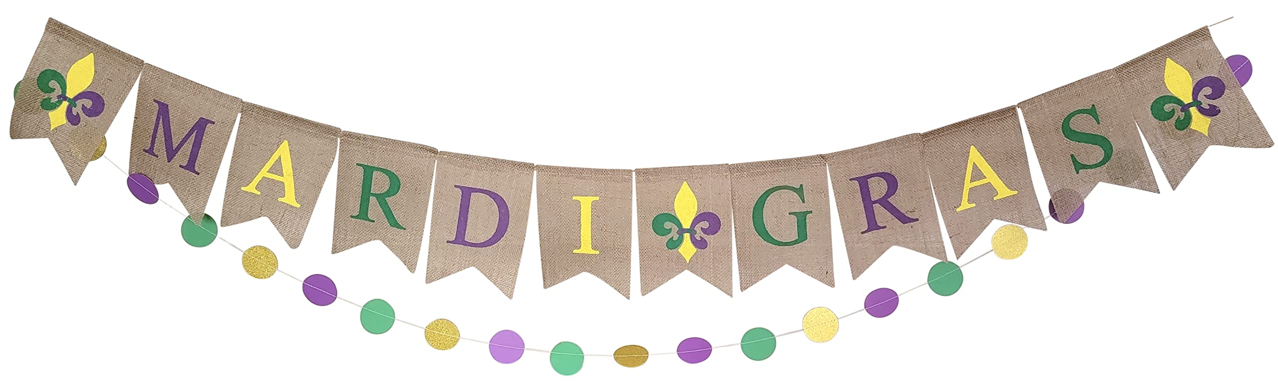 Mardi Gras Garland Burlap Banner - Fleur de Lis Mardi Gras Decorations - Mardi Gras Glitter Circle Dot Garland - Mardi Gras Party Decorations - Ready to Hang Mardi Gras Decor by Jolly Jon