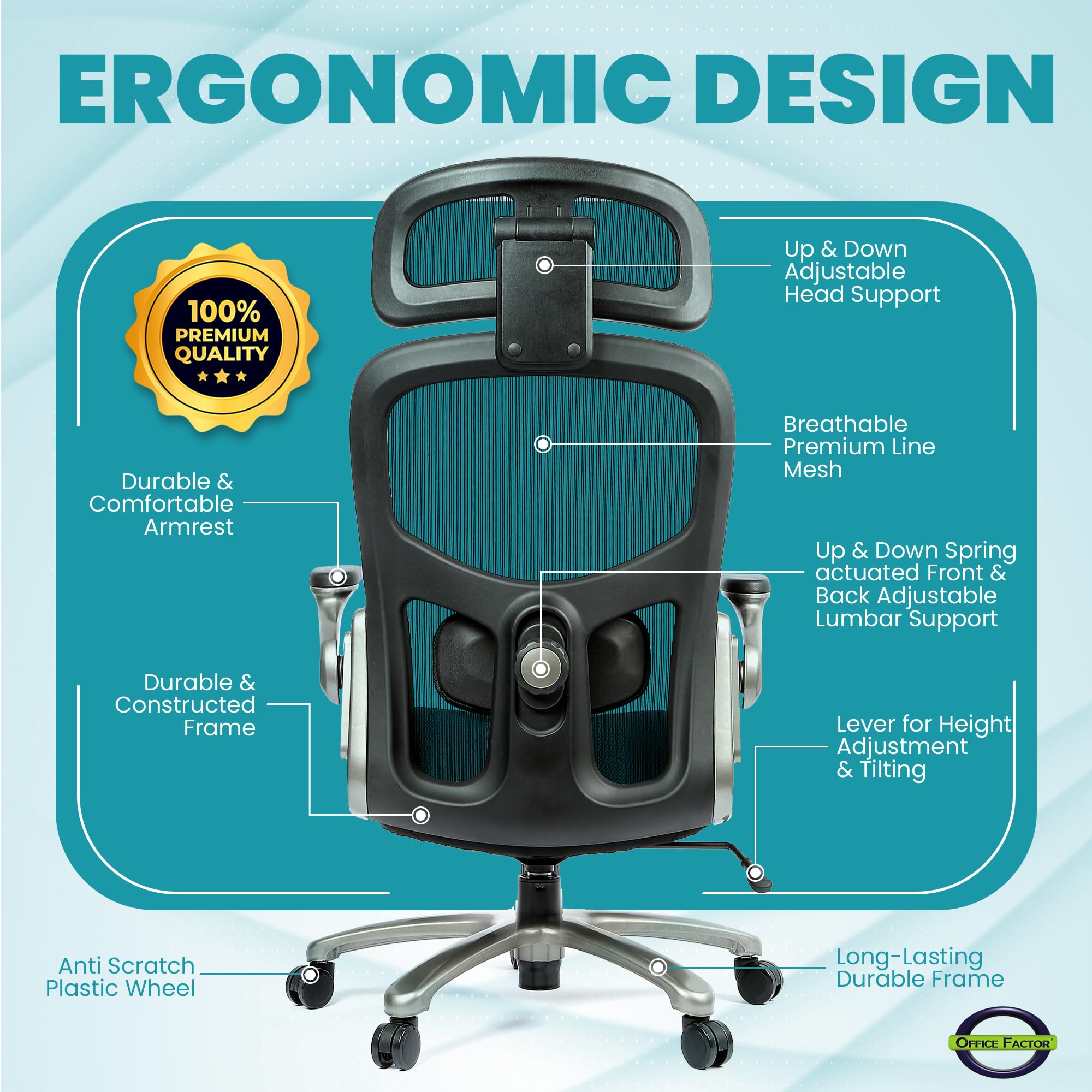 OFFICE FACTOR 500 Lbs Rated Ergonomic Big and Tall Office Chair Flip-Up arms, Mesh Office Chair, Swivel Office Chair with Anti Scratch Wheels, Mesh Executive Chair (Black with Headrest)