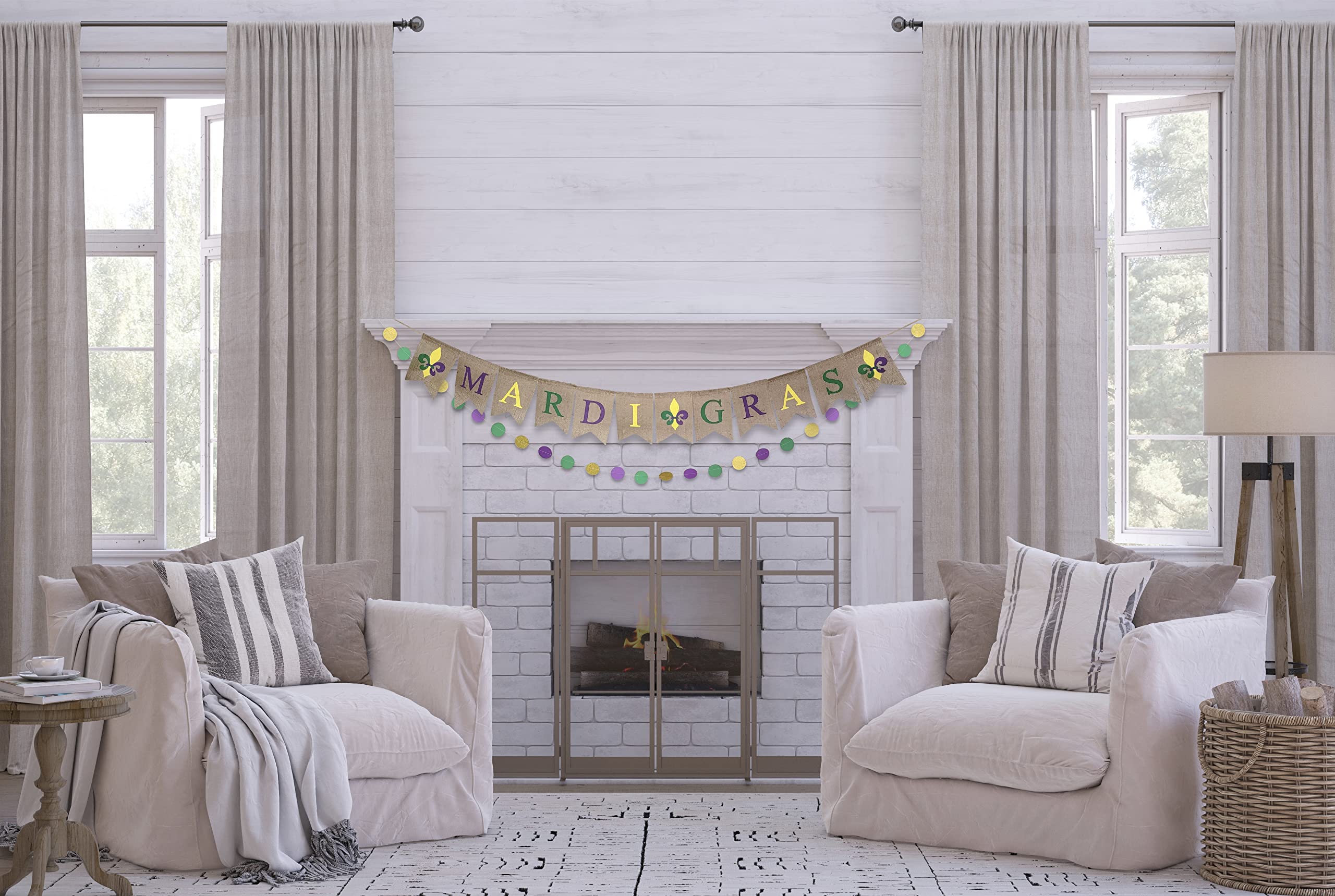 Mardi Gras Garland Burlap Banner - Fleur de Lis Mardi Gras Decorations - Mardi Gras Glitter Circle Dot Garland - Mardi Gras Party Decorations - Ready to Hang Mardi Gras Decor by Jolly Jon