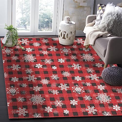 Christmas Snowflake Area Rug, Anti-Slip Rug 2'x3', Stain Proof Rugs for Living Room, Soft Foldable Lightweight Machine Washable Area Rug Comfy Carpet, Merry Xmas Red Black Plaid