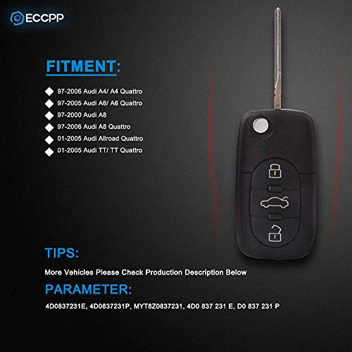 ECCPP 2PCS Uncut Keyless Entry Remote Control Car Key Fob (Shell Case) for A udi A4 for Audi TT/ A6 Quattro / A8 Quattro/Allroad Quattro/TT Quattro 4D0837231E 4D0837231P MYT8Z0837231