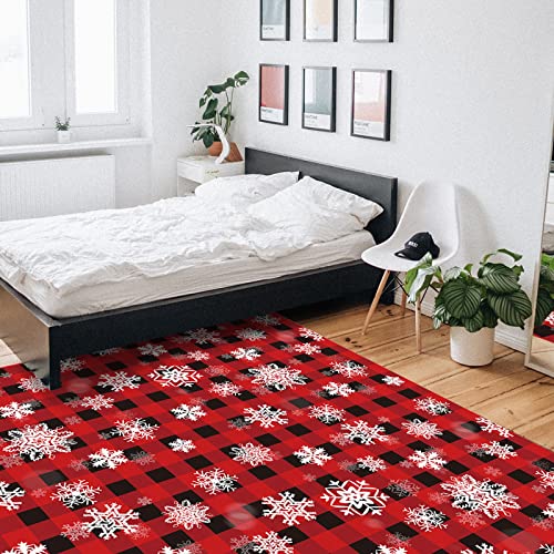Christmas Snowflake Area Rug, Anti-Slip Rug 2'x3', Stain Proof Rugs for Living Room, Soft Foldable Lightweight Machine Washable Area Rug Comfy Carpet, Merry Xmas Red Black Plaid