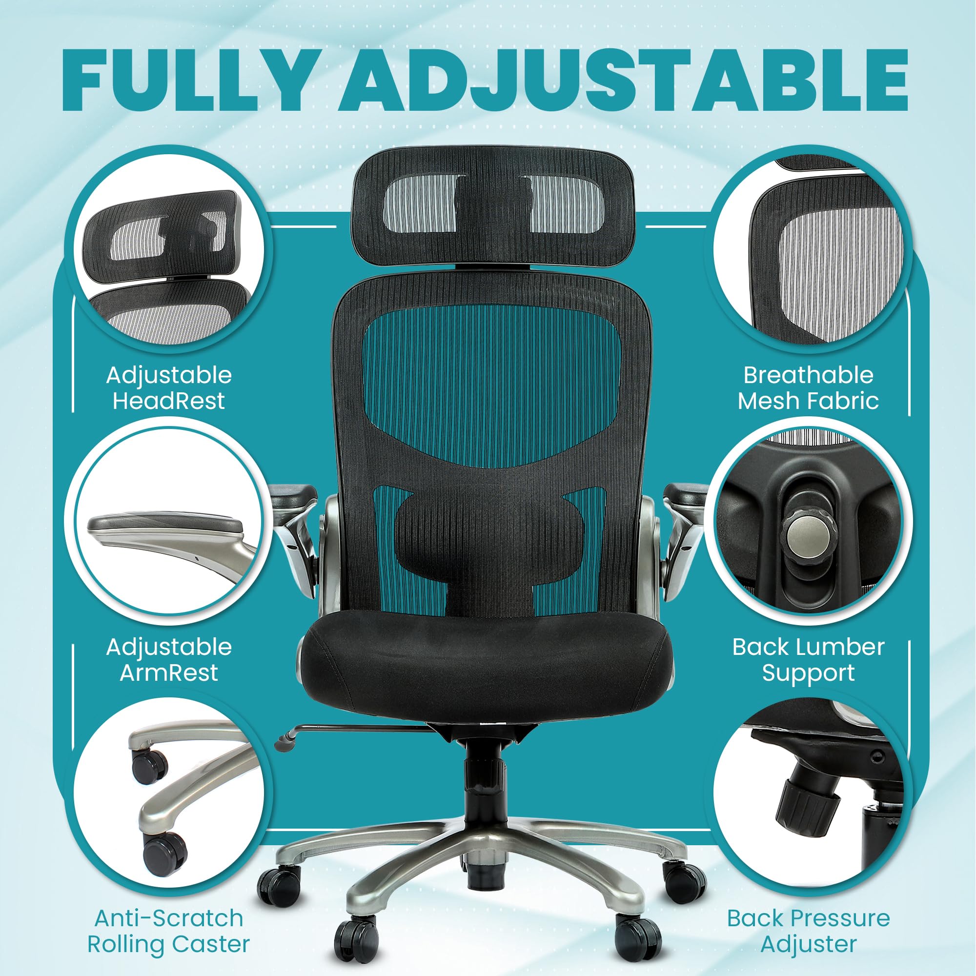 OFFICE FACTOR 500 Lbs Rated Ergonomic Big and Tall Office Chair Flip-Up arms, Mesh Office Chair, Swivel Office Chair with Anti Scratch Wheels, Mesh Executive Chair (Black with Headrest)