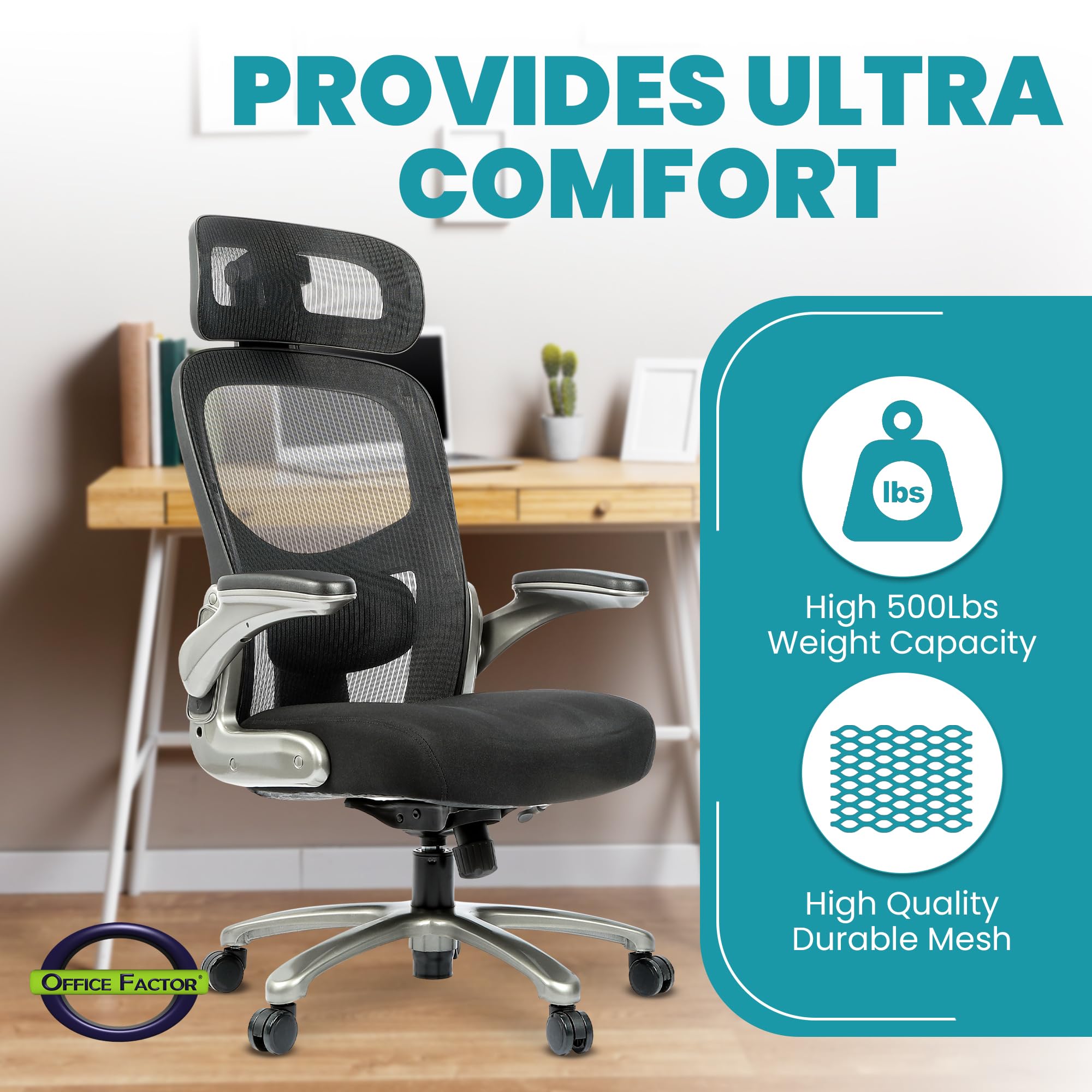 OFFICE FACTOR 500 Lbs Rated Ergonomic Big and Tall Office Chair Flip-Up arms, Mesh Office Chair, Swivel Office Chair with Anti Scratch Wheels, Mesh Executive Chair (Black with Headrest)