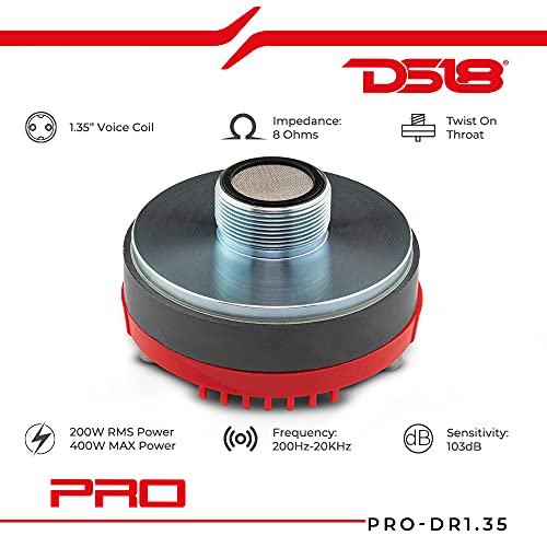 DS18 PRO-DR1.35 1.35β High Temperature Kapton Voice Coil Screw-On Tweeter Compression Driver - 400 Watts Max Power, 200 Watts RMS, 8 OHMS, Titanium Diaphragm, Set of 1