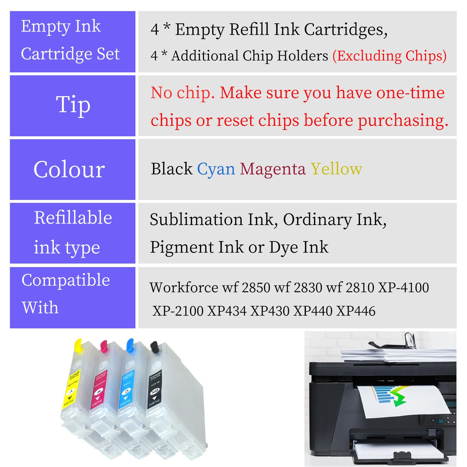 212XL No Chip Replacement Refillable Ink Cartridges Sublimation Ink Cartridges Without Chip & Ink for WF-2850 XP-4100 XP-2100 Empty Ink Cartridges for XP434 XP430 XP440 XP446 WF-2810 WF-2830 Printer