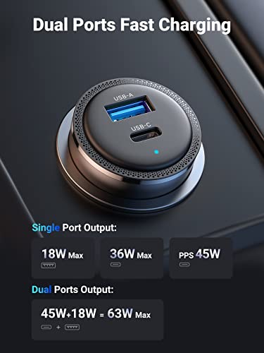 63W USB C Car Charger Adapter, UGREEN PSS 45W Super Fast Charging Type C Car Charger with 3.3FT 5A Cable, Dual USB Car Charger Compatible with Samsung Galaxy S23/S22/S21 Series, iPhone/iPad/MacBook