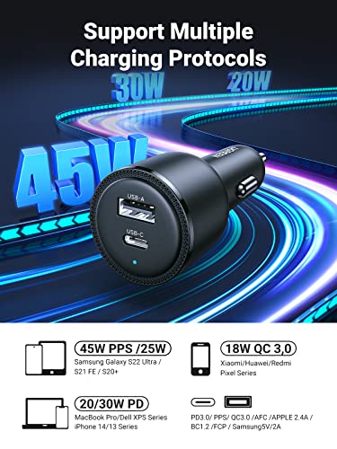 63W USB C Car Charger Adapter, UGREEN PSS 45W Super Fast Charging Type C Car Charger with 3.3FT 5A Cable, Dual USB Car Charger Compatible with Samsung Galaxy S23/S22/S21 Series, iPhone/iPad/MacBook