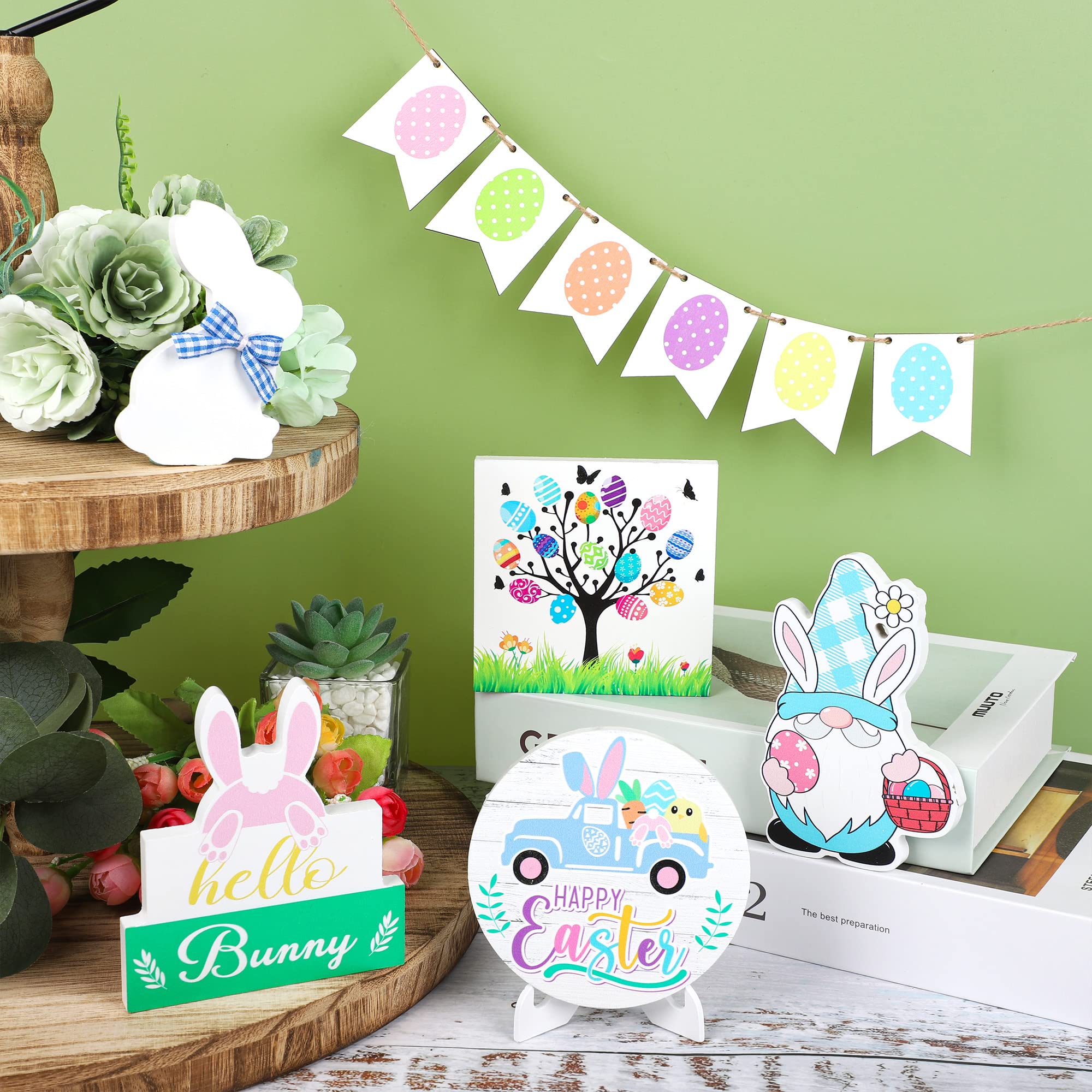 11 PCS Easter Tiered Tray Decorations Bunny Eggs Wood Signs Easter Wooden Table Signs Easter Wood Block Decor with Holder for Spring Holiday Tabletop Centerpieces Home Party Supplies