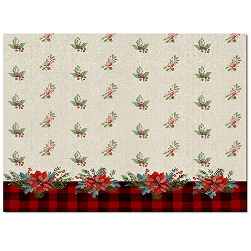 Indoor Area Rug - Welcome Mat Living Room Area Rugs Washable Non-Slip Floor Carpet for Bedroom Farmhouse Dorm (Merry Christmas Red Poinsettia Berries Burlap Red Plaid, 5'x8')