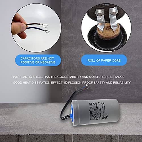 300UF CD60 Motor Start Capacitor with Wire Cable, 250V AC 50/60HZ Cylindrical Capacitor for Motor Start, Washing Machines, Air Conditioners and Water Pumps