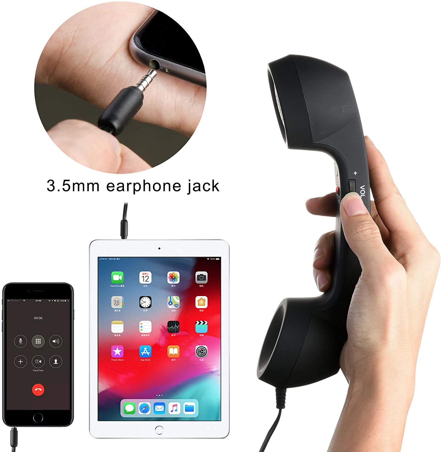 YTYKINOY Vintage Retro 3.5mm Telephone Handset Cell Phone Receiver Mic Microphone Speaker for iPhone iPad Mobile Phones Cellphone Smartphone (Black)
