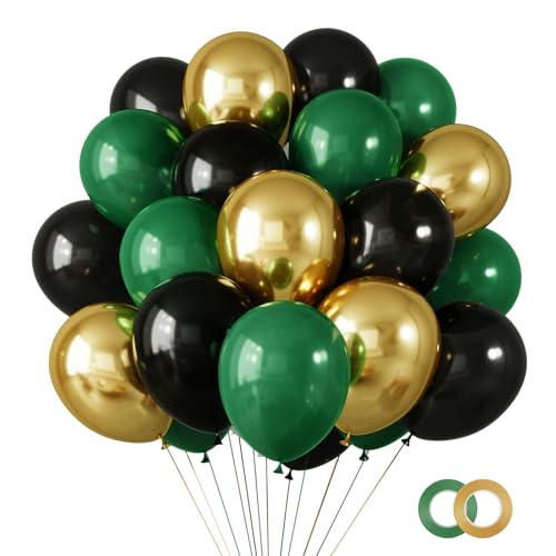 RUBFAC 65 Pcs Black Gold and Green Balloon Arch Garland Kit, 12 Inches Dark Green Gold Balloons for Black Wedding Safari Jungle Birthday Decorations