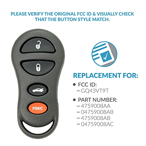 Keyless2Go Replacement for New Keyless Entry 4 Button Remote Car Key Fob for Select Vehicles That Use FCC ID GQ43VT9T (2 Pack)