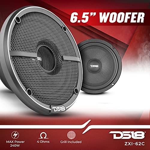 DS18 ZXI-62C 6.5" 2- Way Car Audio Component Speaker System with Kevlar Cone - 240 Watts 4-Ohm - Set of Woofer, Crossover & Tweeter