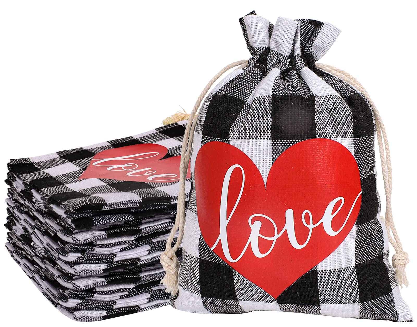 Whaline 25 Pack Valentine's Day Burlap Gift Bags Black White Buffalo Plaid Drawstring Bags Love Heart Prints Linen Pouches Sacks for Wedding Bridal Shower Party Favors Supplies, 5 x 7 Inch