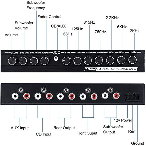 Erhai 7-Band Car Audio Equalizer, Adjustable 7 Bands EQ Car Amplifier Graphic Equalizer with CD/AUX Input Select Switch,Black
