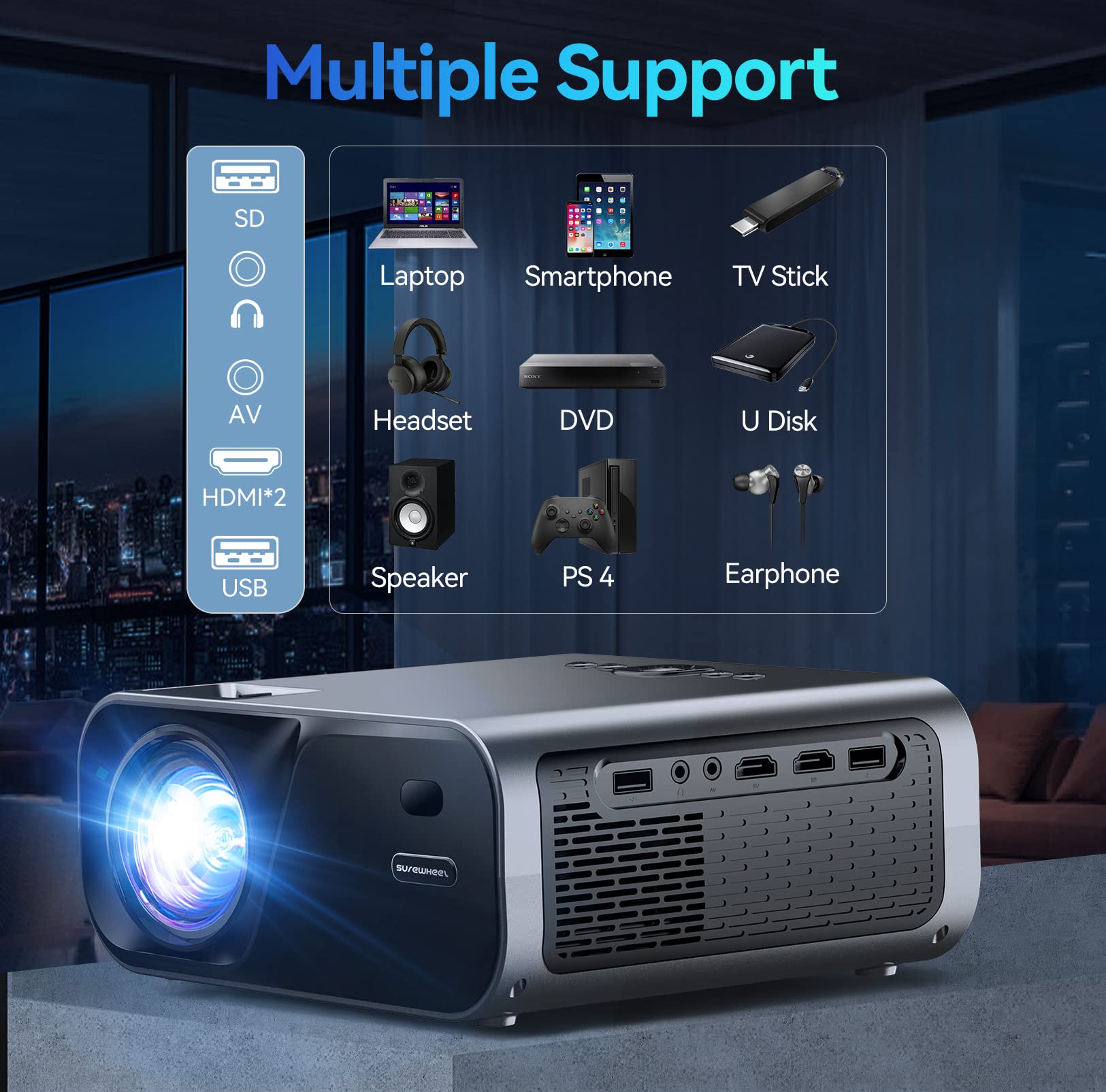 SUREWHEEL Projector, 1080P Native Projector with WiFi and Bluetooth, 12000 Lumens Bluetooth Projector 220" Display, Outdoor Movie Projector Compatible with TV Stick/HDMI/iOS/Android