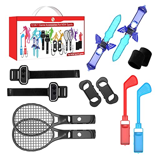 2023 Switch Sports Accessories Bundle,Hacksya Family Accessories Kit for Nintendo Switch Sports Games : Mario Golf Clubs,Wrist Bands,Soccer Leg Straps,Sword and Tennis Rackets