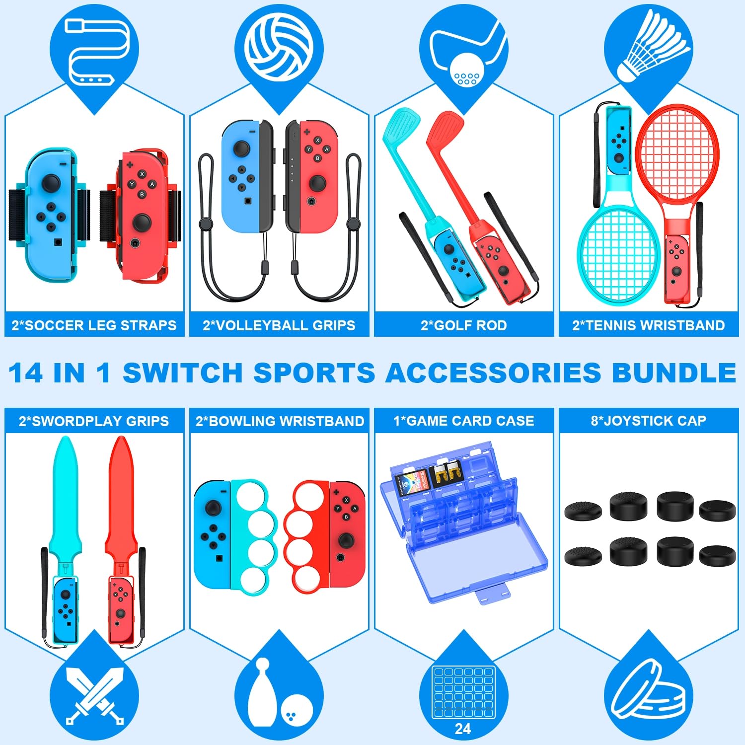 Switch Sports Accessories - 14 in 1 Switch Sports Accessories Bundle for Nintendo Switch/OLED Sports, Family Accessories Kit Compatible with Switch/OLED Sports Games