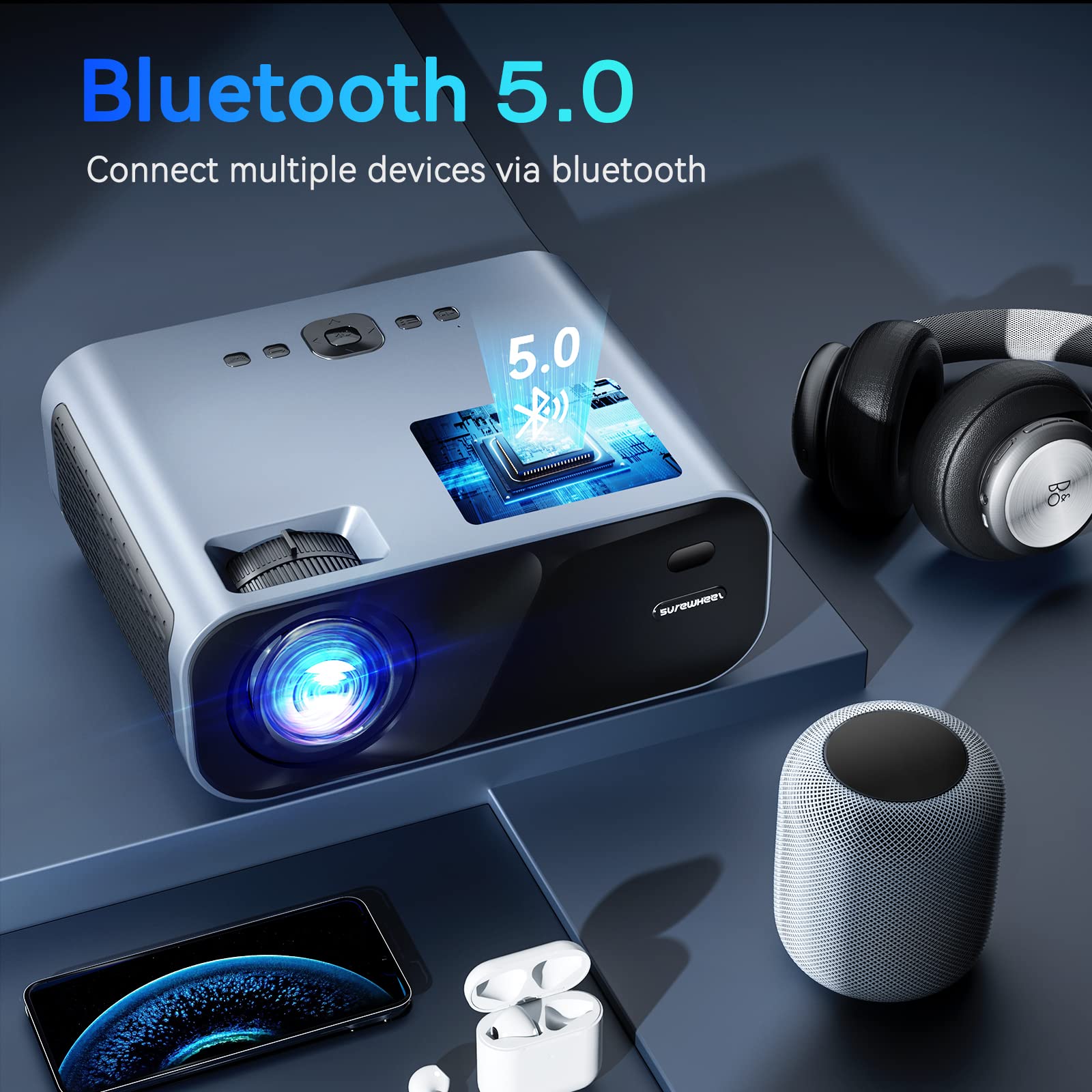 SUREWHEEL Projector, 1080P Native Projector with WiFi and Bluetooth, 12000 Lumens Bluetooth Projector 220" Display, Outdoor Movie Projector Compatible with TV Stick/HDMI/iOS/Android