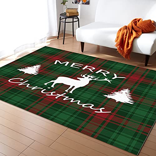 Area Rug Absorbent Non-Slip Rectangle Rug Merry Christmas Elk and Christmas Tree Red and Green Plaid Rugs for Living Room Bedroom Kitchen Entryway, Soft Floor Mat Indoor Carpet Accent Rugs 2x3 Feet