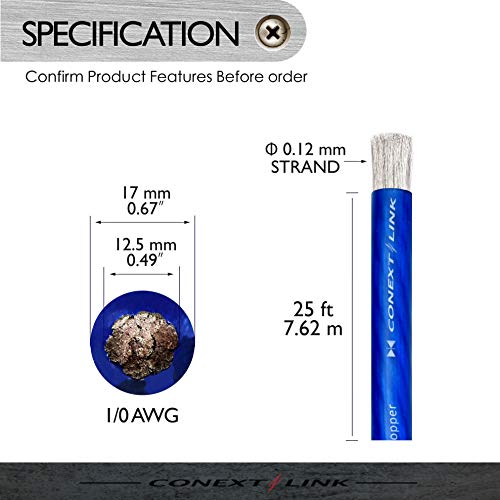 Conext Link 25 FT 1/0 AWG 0 GA Full Gauge Battery Power Cable Ground Wire Frost Blue OFC Copper (10046)
