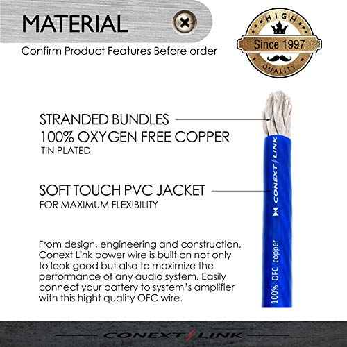 Conext Link 25 FT 1/0 AWG 0 GA Full Gauge Battery Power Cable Ground Wire Frost Blue OFC Copper (10046)