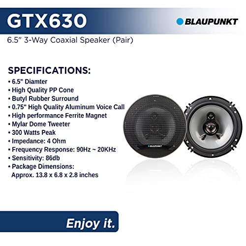 Blaupunkt GTX630 GTX Series GTX630 6.5-in. 300-Watt-Peak 3-Way Coaxial Speakers, Black